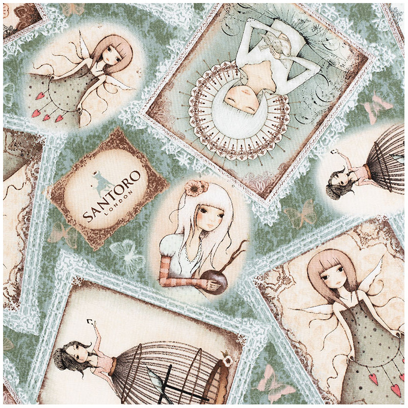 Lost song portraits fabric, green cotton. A Santoro London fabric